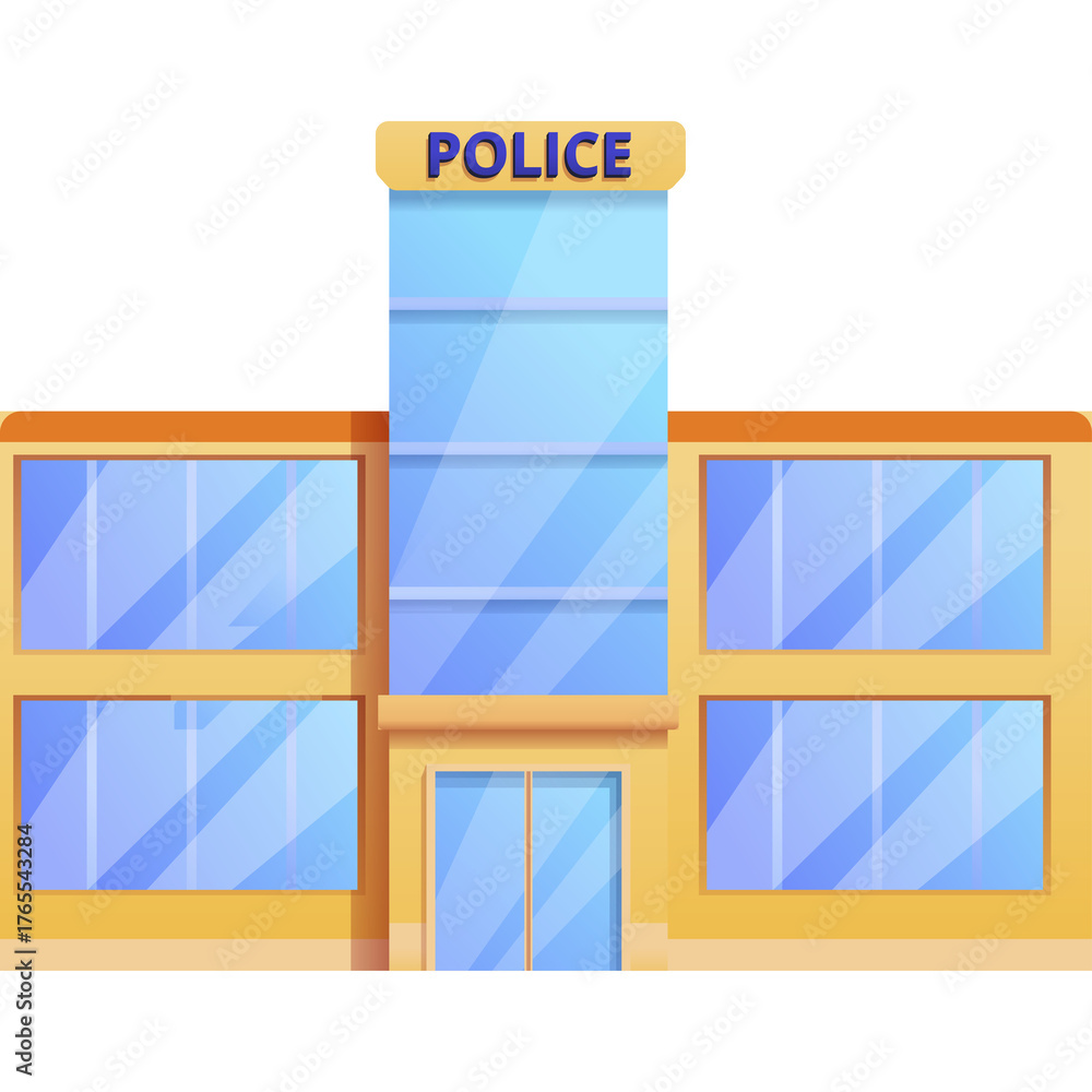 Cartoon Police Station Building With Blue Glass Windows And Yellow ...