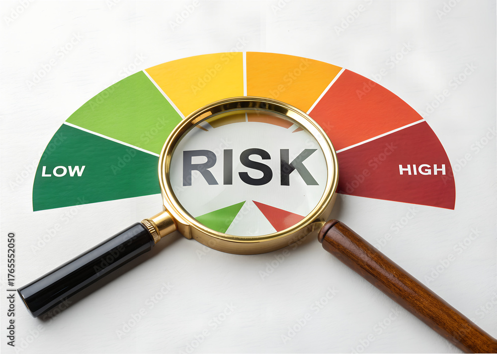 Risk Assessment Gauge with Magnifying Glass: Low, Medium, High Levels ...