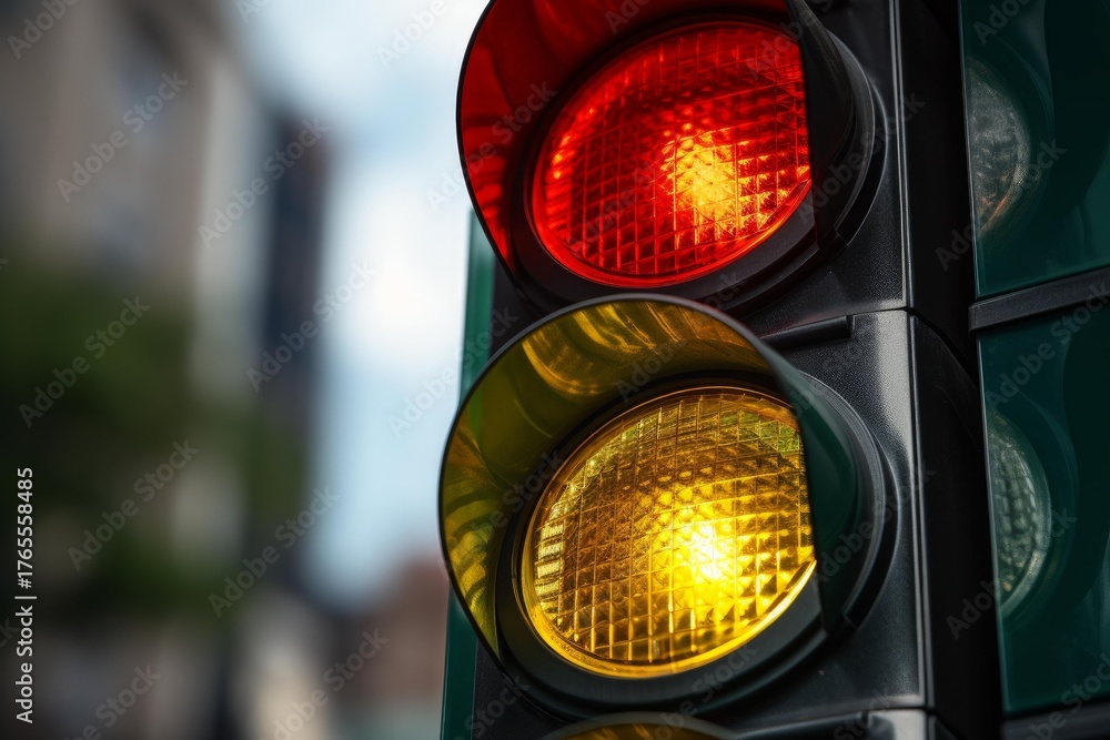 Red and amber traffic lights glowing on a busy city street, controlling ...
