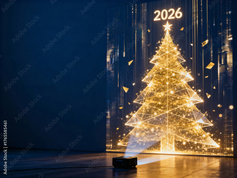Holographic golden Christmas tree projection for 2026 on dark blue ...