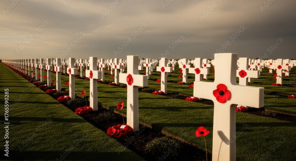 Foto de Stock Remembrance day tribute with poppy-accented crosses in a ...