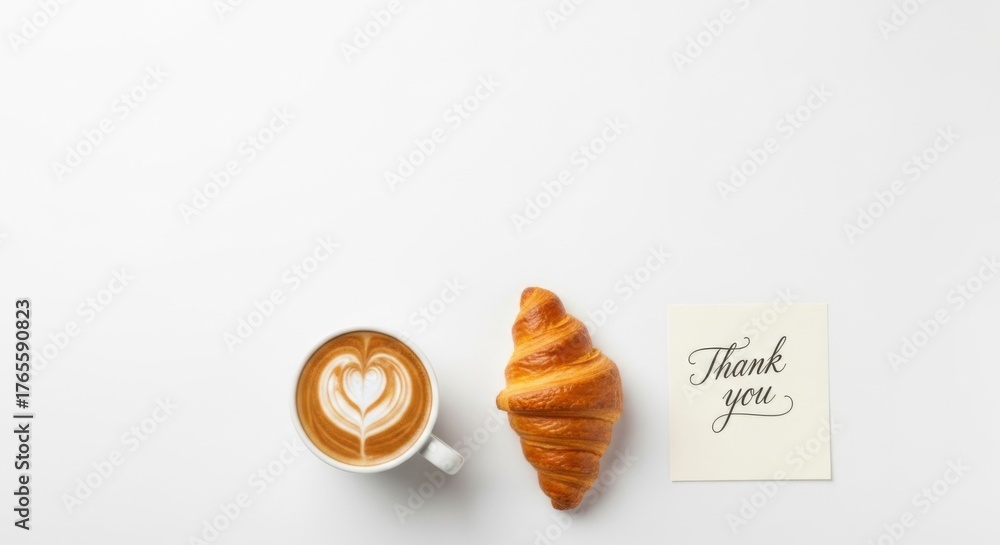 Morning gratitude scene with coffee latte, croissant, and thank you ...