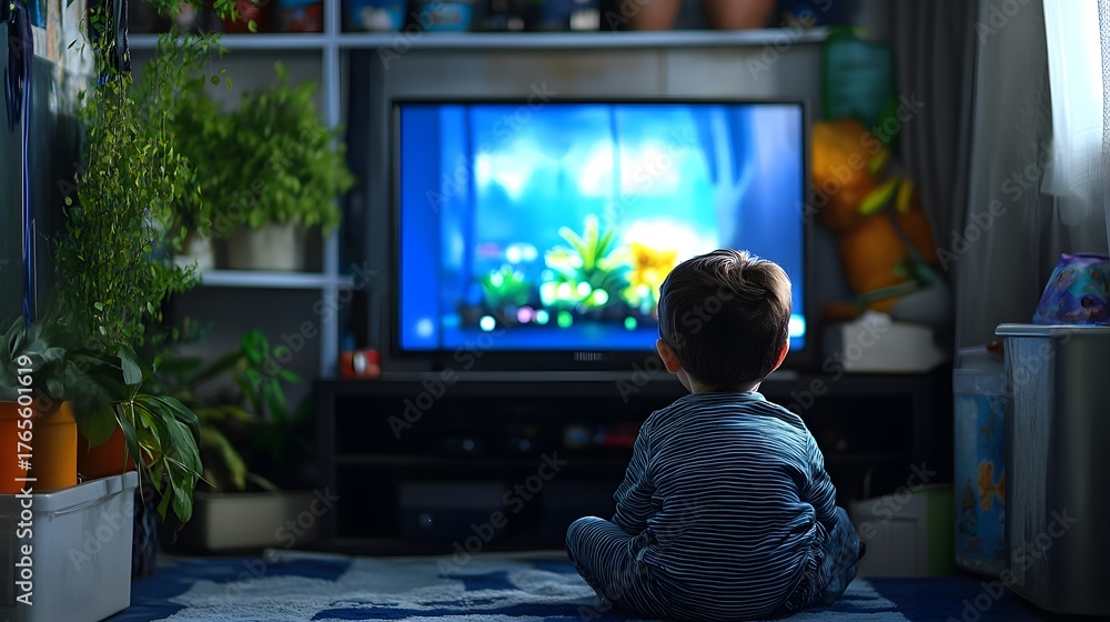 Small child watching TV from the back view Stock Photo | Adobe Stock