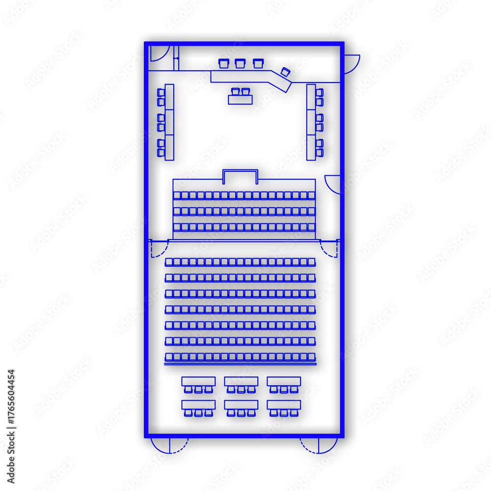 Architectural plan illustration of a large courtroom layout of 300m² ...