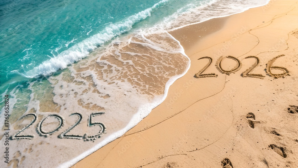 Ocean waves gently wash over the beach sand revealing the year 2025 and ...