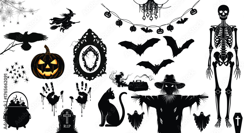 Stock-Vektorgrafik „Spooky halloween silhouettes with witch, pumpkin ...