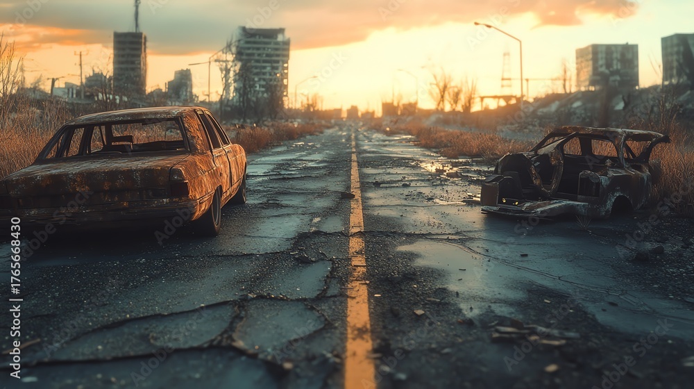 A haunting image of a post-apocalyptic abandoned city highway ...