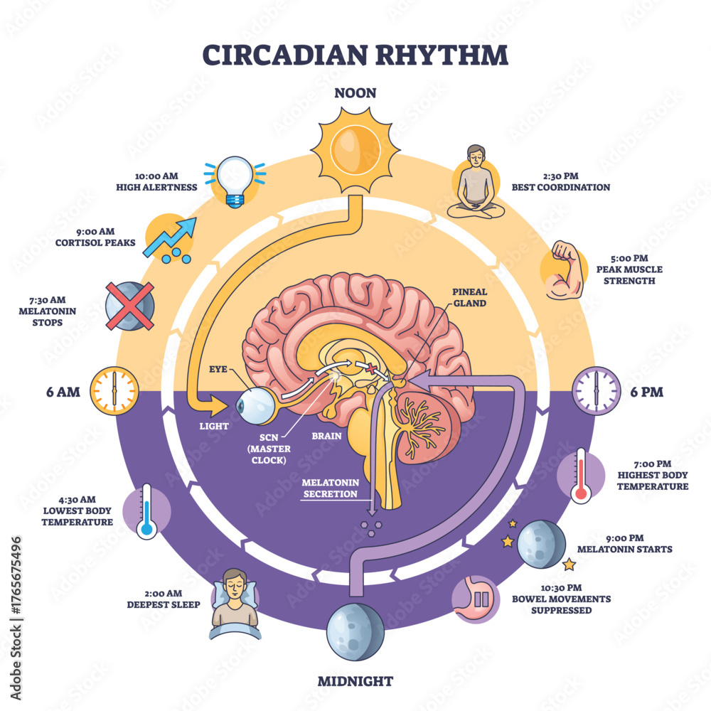 Circadian rhythm brief cycle, the brains SCN times melatonin as sun and ...