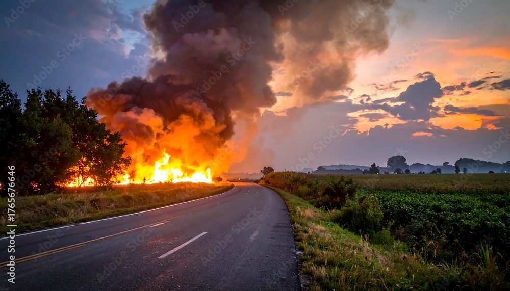 Fiery blaze consumes a field near a road as ominous smoke billows, all ...