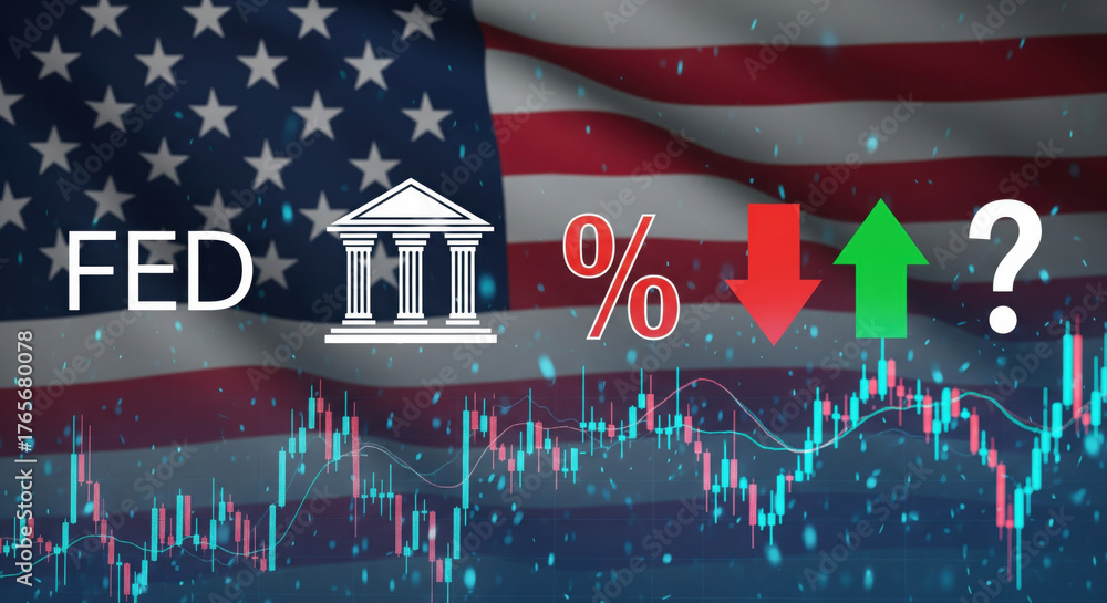 Federal reserve symbol, percentage sign, up and down arrows, question ...