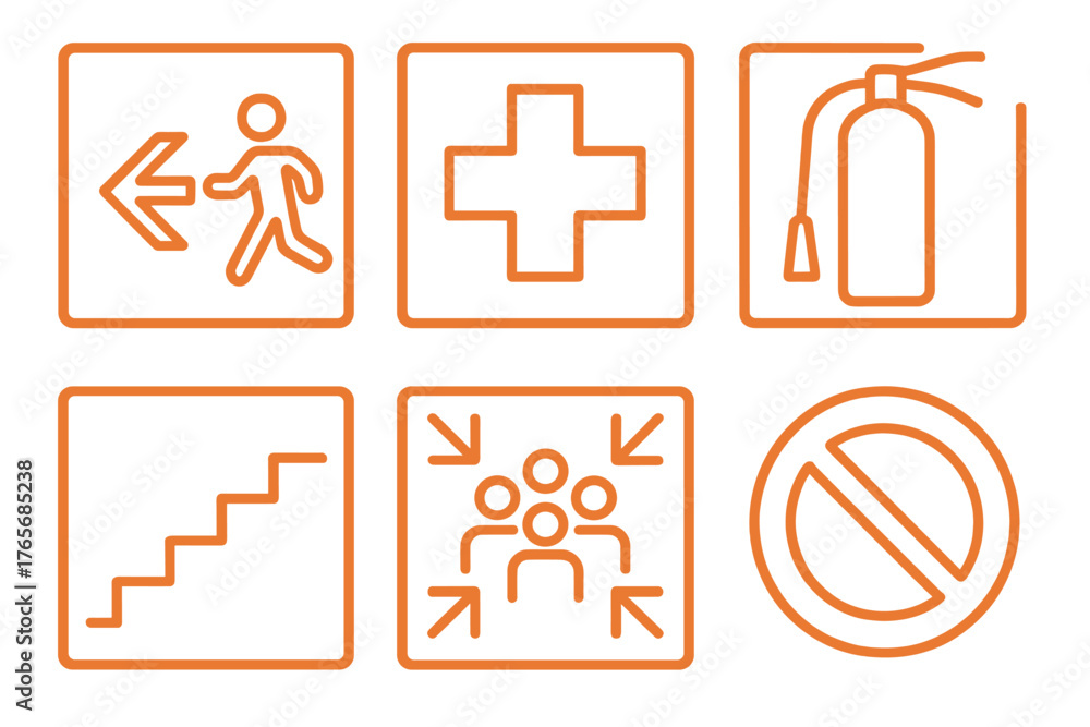 Collection of essential safety and emergency symbols including exit ...