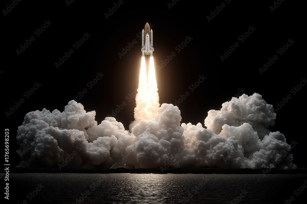 Space Shuttle Launching at Night with Bright Engine Plumes and Massive ...