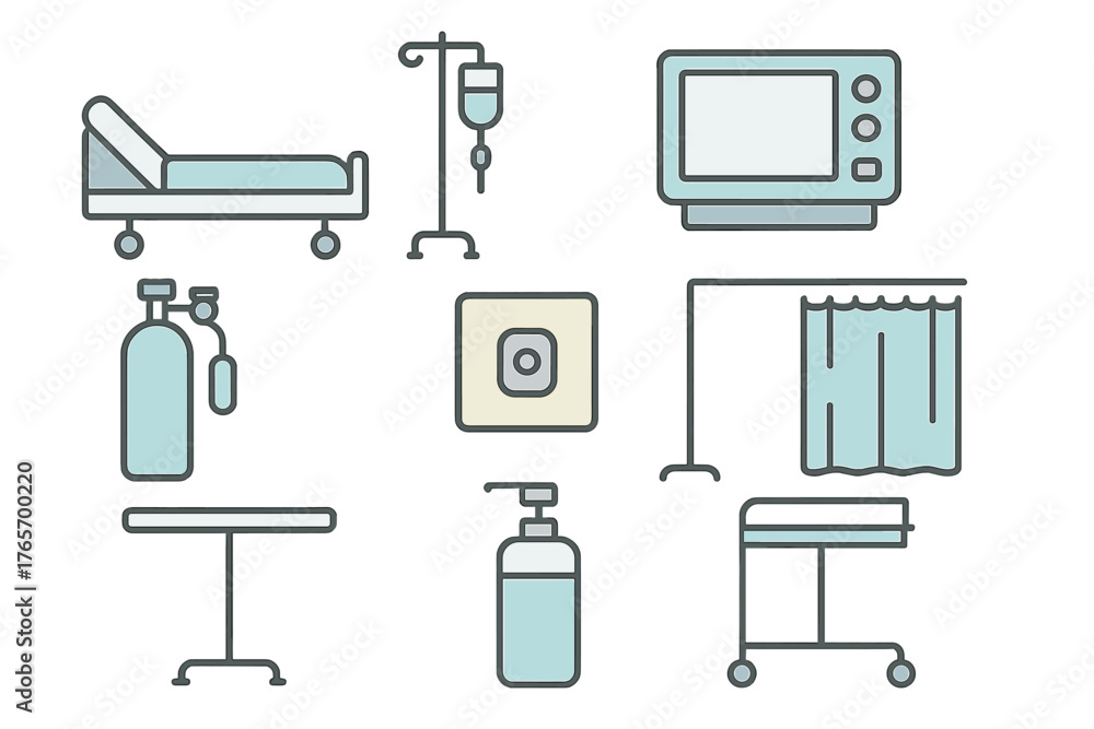 Hospital room equipment set including patient bed, IV stand, vital ...