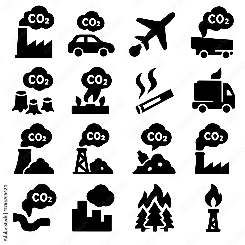 Vector de Stock Pollution Sources Icons. CO2 emissions and pollution ...