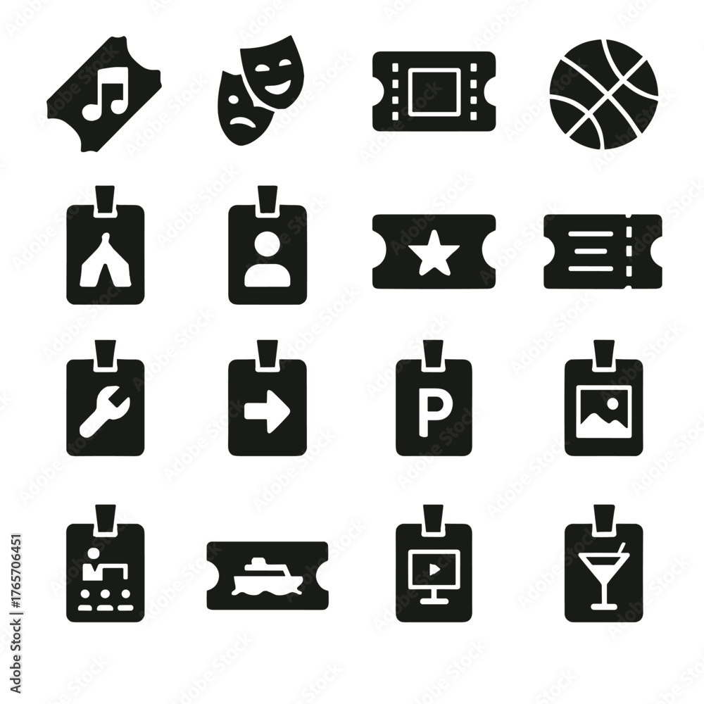 Stock-Vektorgrafik „Iconic Ticket Silhouettes. Event ticket types icons ...