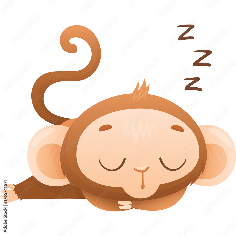 Cute stylized brown monkey sleeping peacefully with closed eyes and Zzz ...
