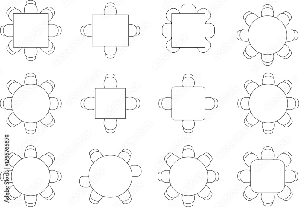 Top view of round and square meeting tables with chairs, office ...