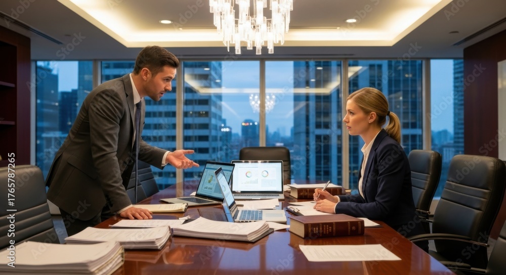 Angry boss shouting at a female employee in a tense meeting. Workplace ...