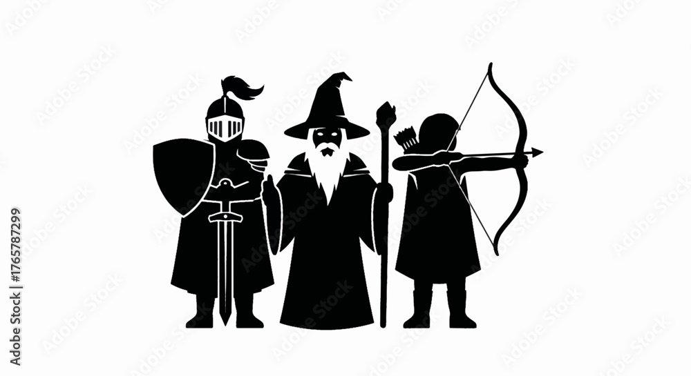 Stock-Vektorgrafik „Fantasy adventuring party with a knight, wizard ...