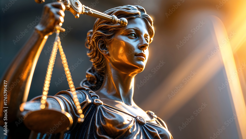 Cinematic photo of Lady Justice bronze statue, warm backlight, sunbeams ...