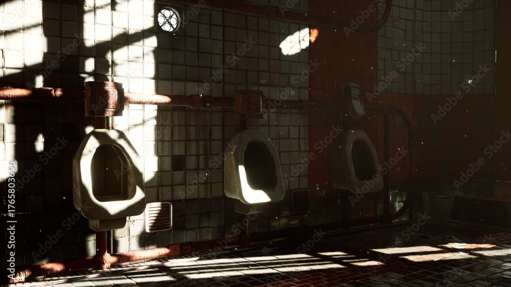 Sunlight streams through dusty windows, creating dramatic shadows in a ...