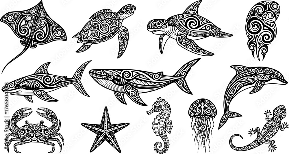 Polynesian tribal animal tattoos. Maori style ocean creatures as ...