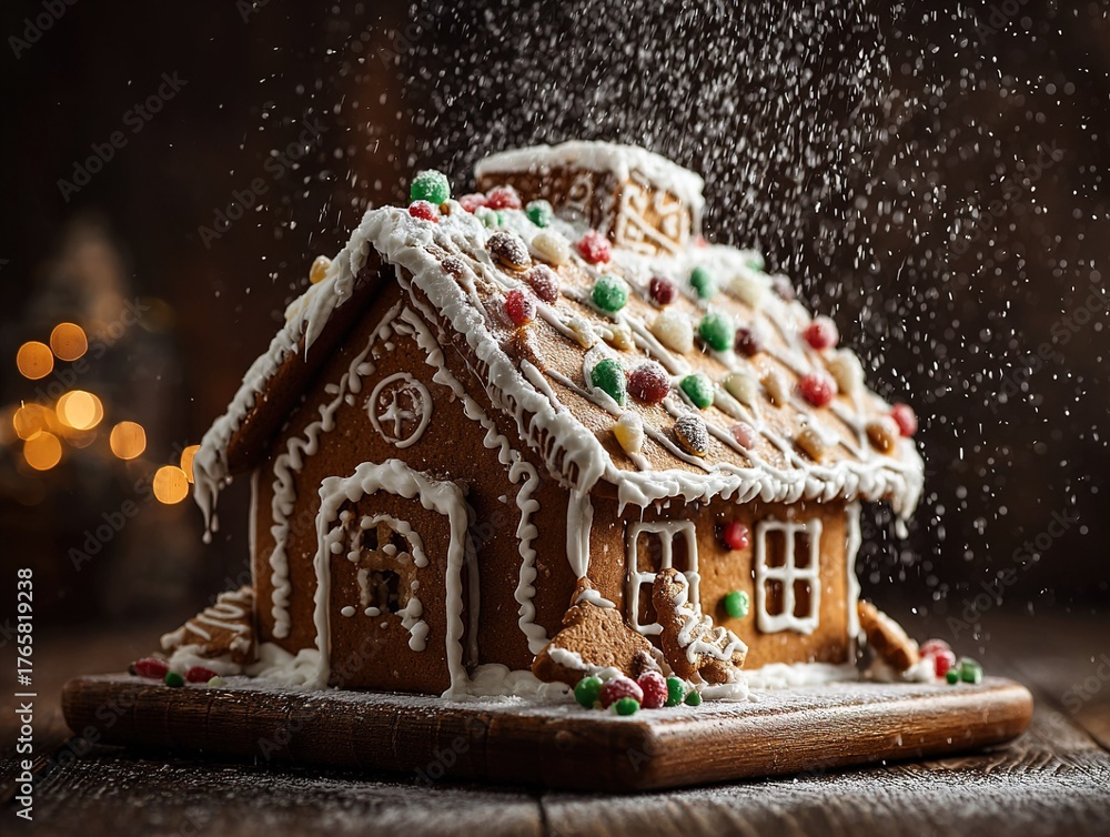 Professionally lit food photography of elaborate gingerbread house with ...