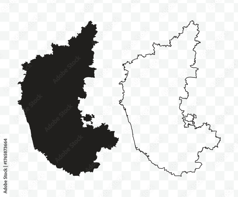 Black silhouette and outline maps of the Indian state of Karnataka ...