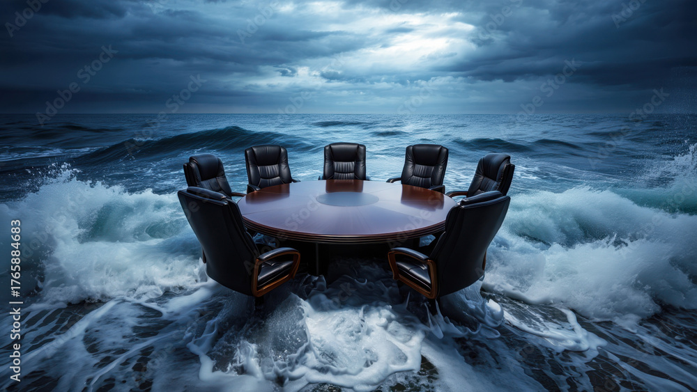Round table in ocean waves, business meeting symbolism, stormy sea ...