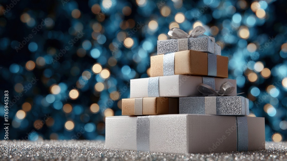 Stack of gift boxes with silver ribbons and bows on top. the boxes are ...