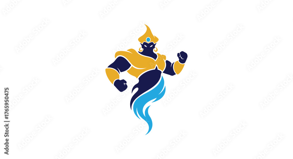 A powerful and muscular genie mascot with golden armor emerging from a ...