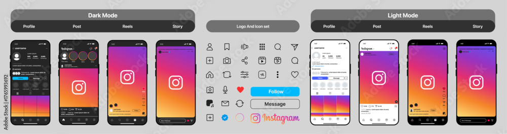 Instagram mobile app UI mockup showing Instagram Profile, Post, Reels ...