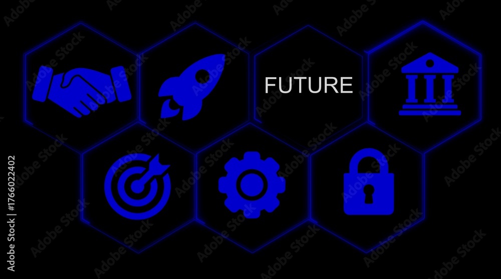 Blue icons handshake rocket target gear lock and bank building with ...