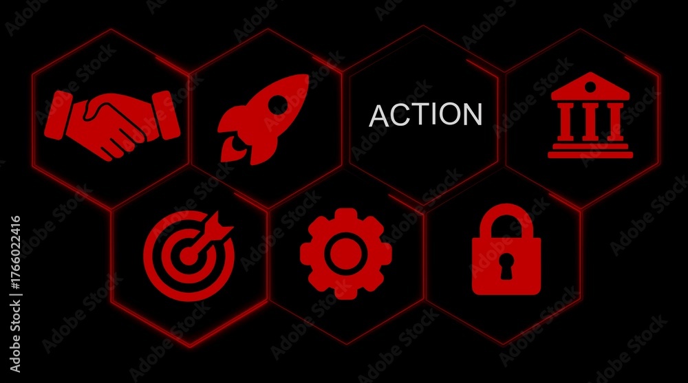 Red icons handshake rocket target gear lock bank building and word ...