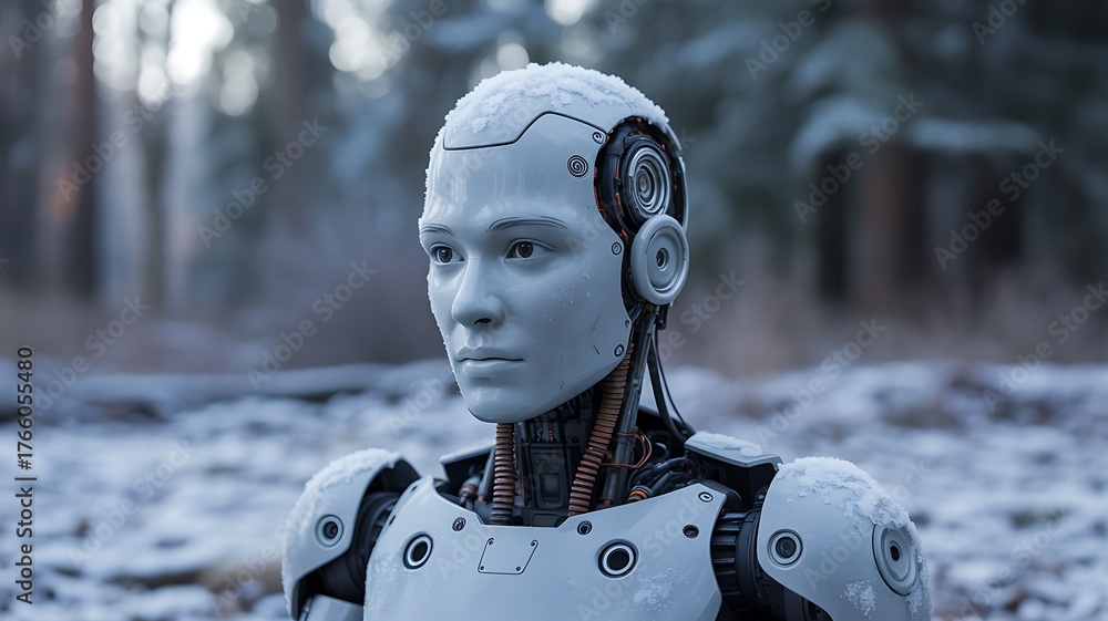 Humanoid robot with snow on its head and shoulders in a winter forest ...