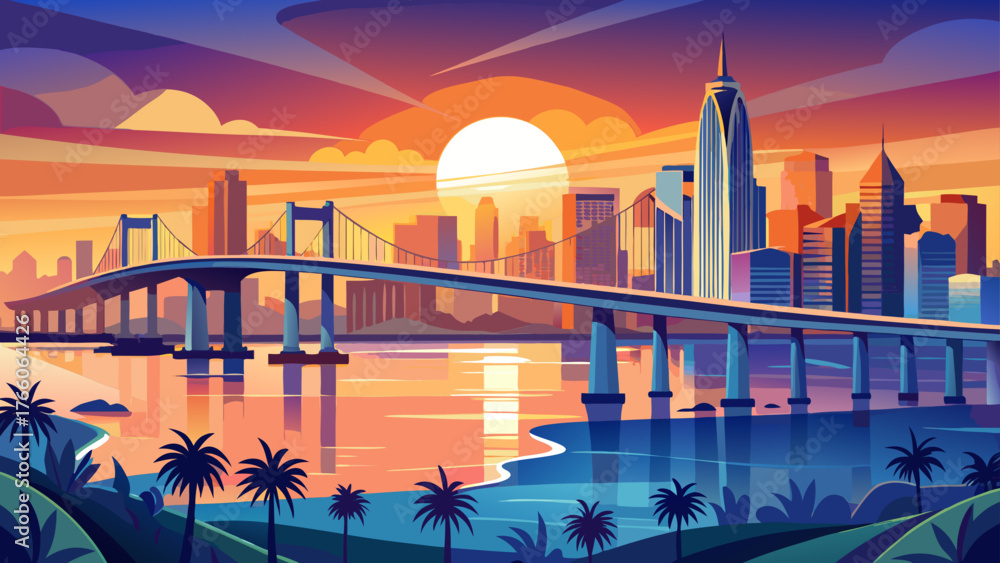 Very beautiful, sunrise view of Coronado Bridge with San Diego skyline ...