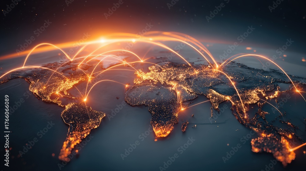 Illuminated world map shows glowing network connections spanning continents. Stock Illustration ...
