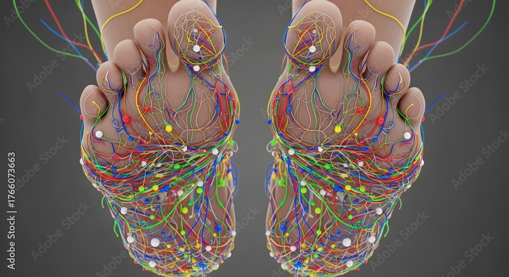 Acupuncture points on soles of feet in a detailed anatomical diagram. A ...