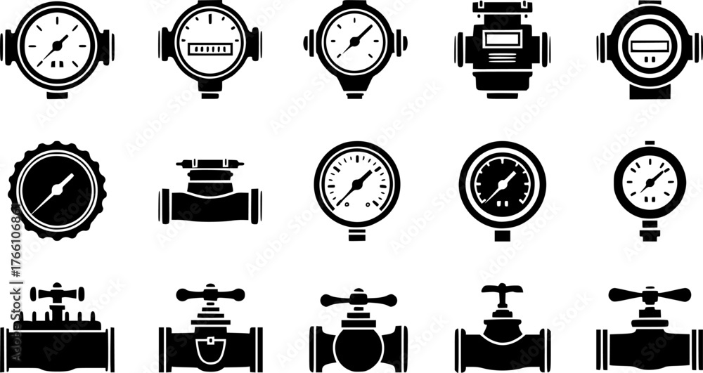 Icons of Water Meters, Gauges, and Valves Stock Vector | Adobe Stock