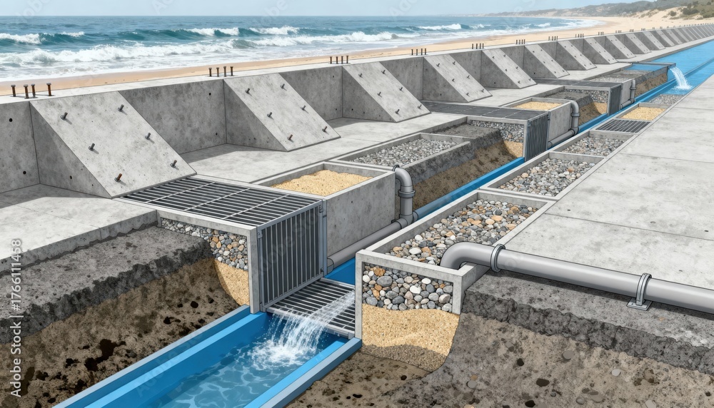 Stockfotot Coastal stormwater drainage system with reinforced barriers ...