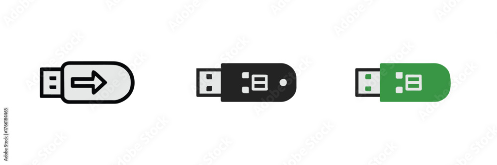 usb flash drive icon set three variations black white green with status ...
