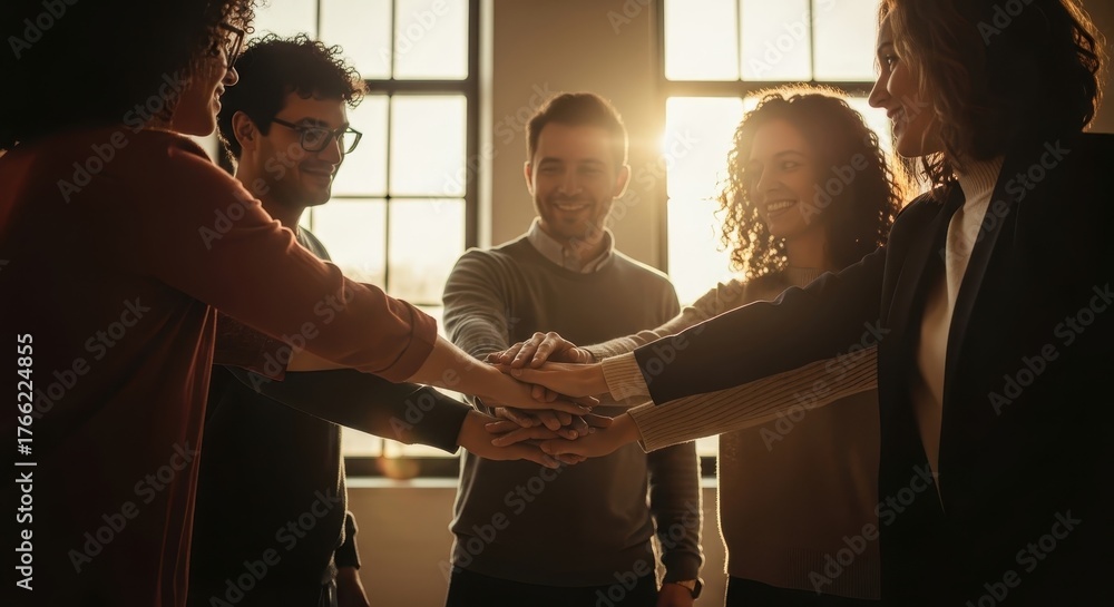 Dynamic colleagues display powerful unity and collaboration, hands ...