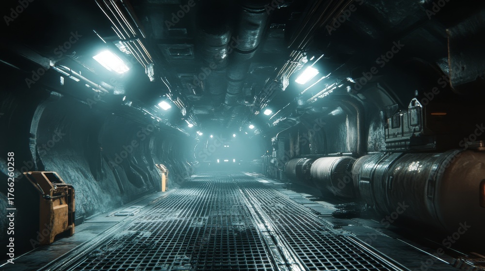 Ilustración de Stock Industrial deep space corridor with exposed piping ...