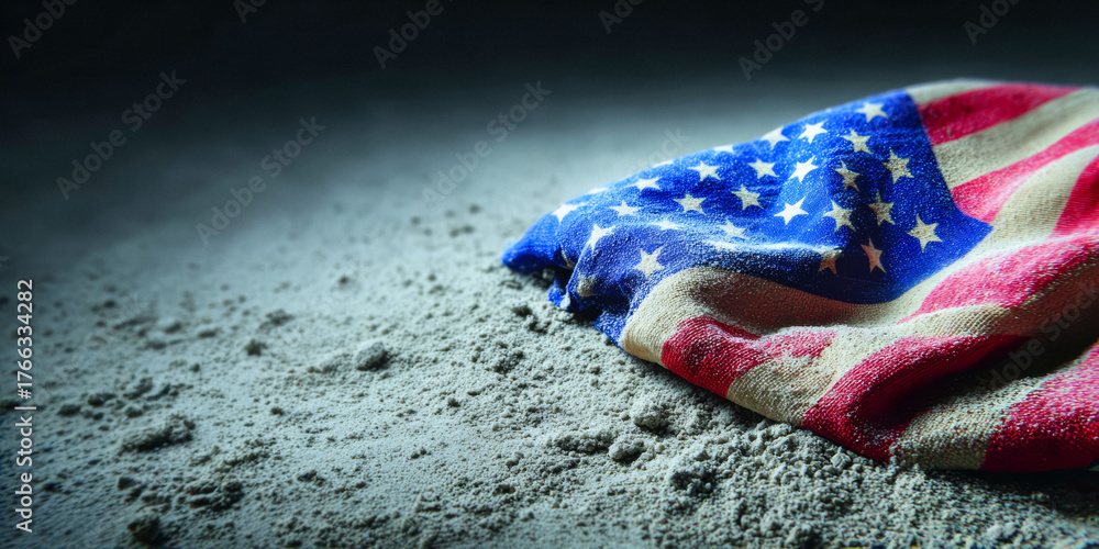 American flag draped on a dusty surface, symbolizing loss and respect ...