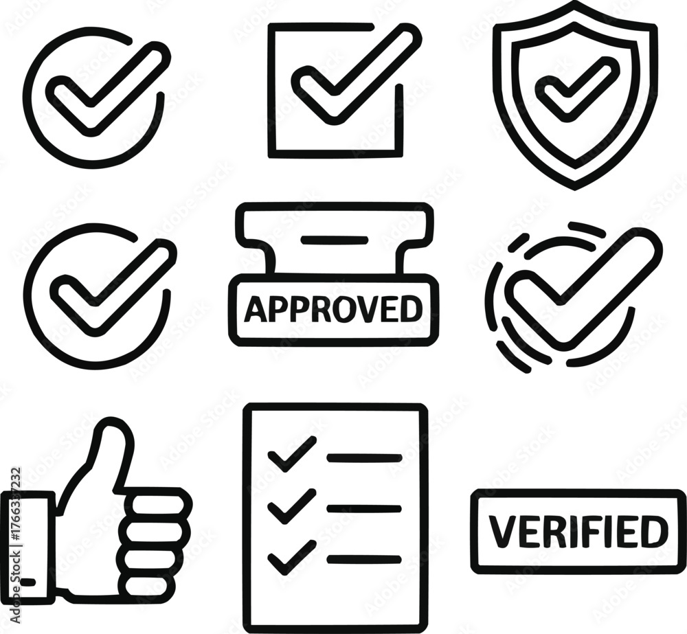 Stockvektorbilden Approval and Verification Outline Icon Set Checkmarks ...