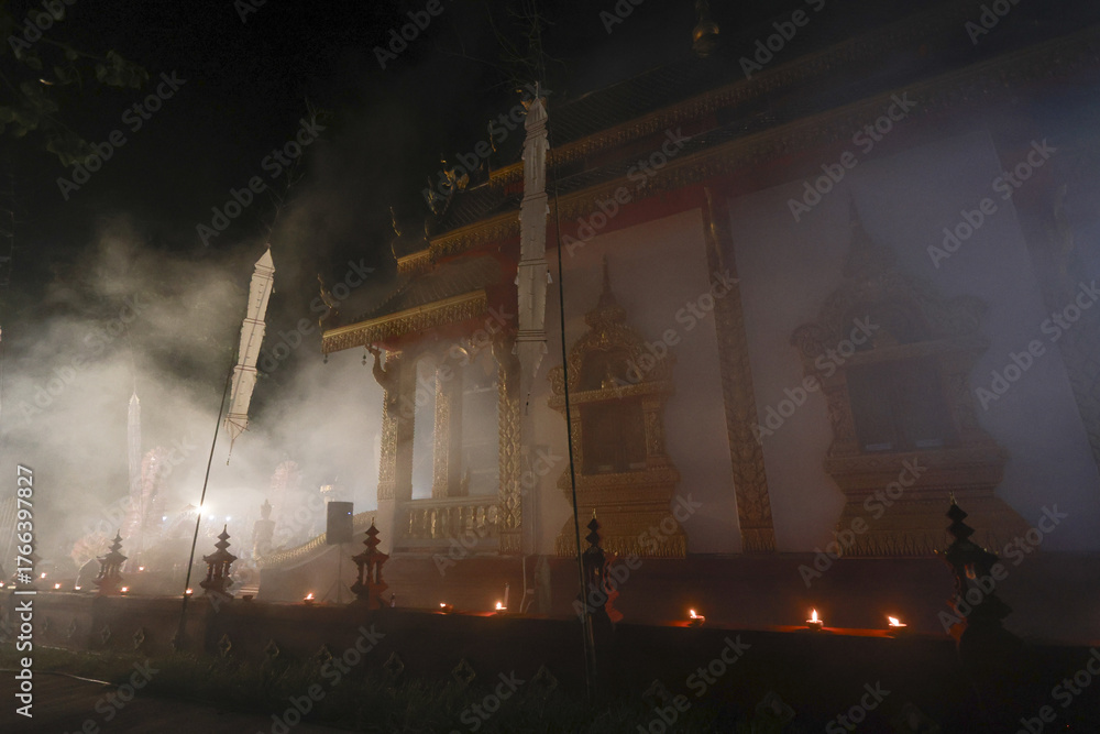 Mysterious ancient temple at night shrouded in spiritual smoke. Sacred ...