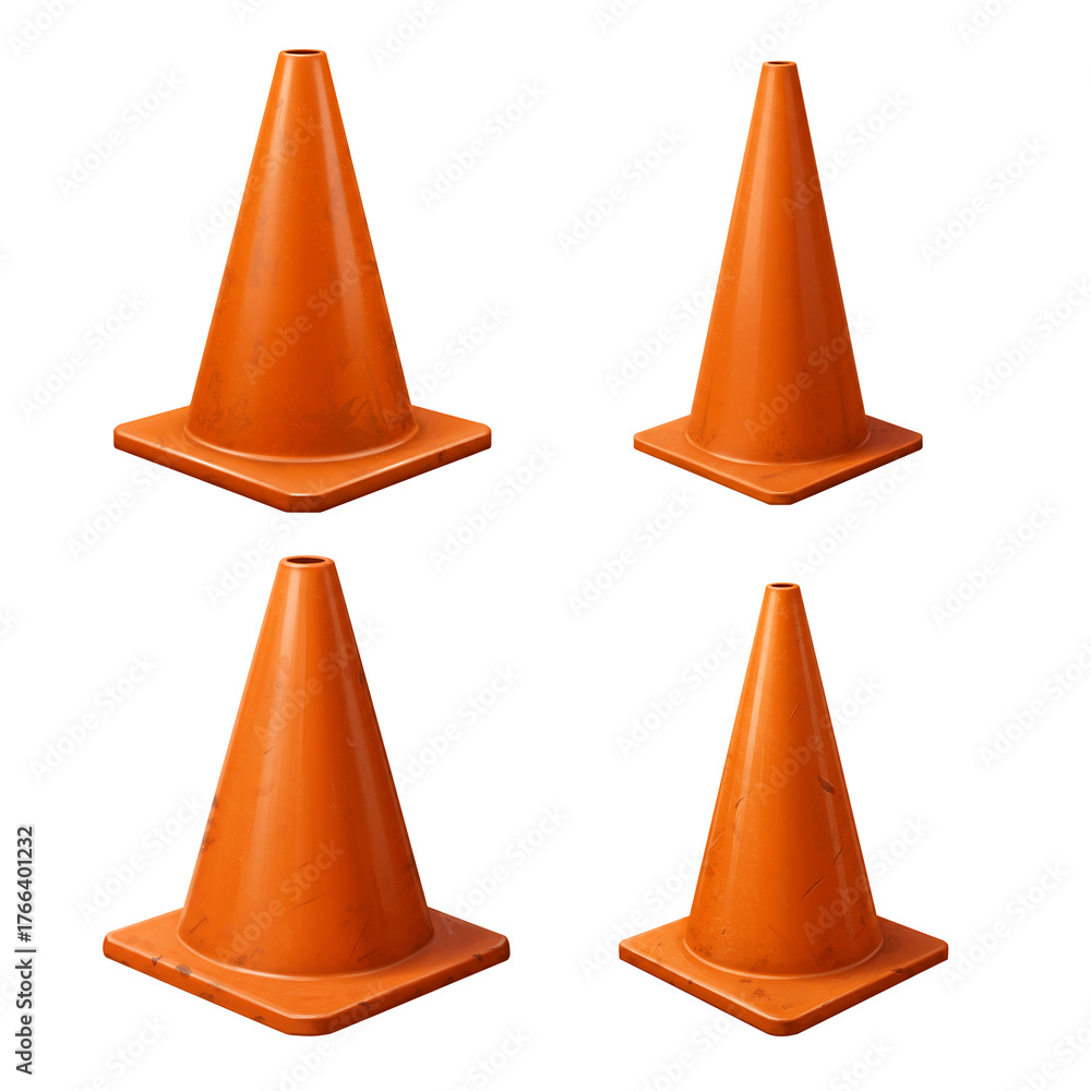 Collection of Four Orange Traffic Cones in Various Angles and ...