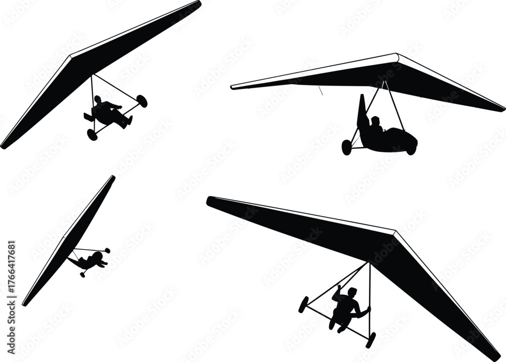 Ultralight aircraft silhouettes, powered hang gliders in flight, delta ...