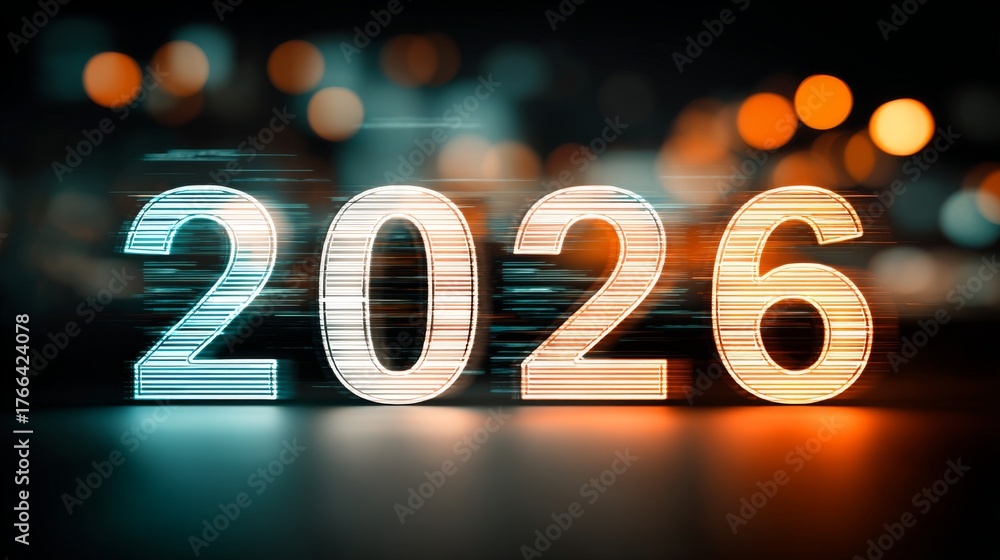 The year 2026 is highlighted in a digital timeline with dynamic blue ...