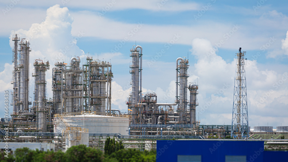 Landscape view of a modern oil refinery and chemical plant with complex ...